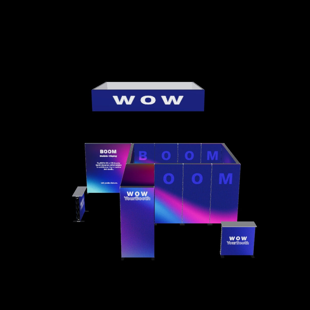 20X20 Boom Backlit Exhibit with Square Hanging banner and monitor moun ...