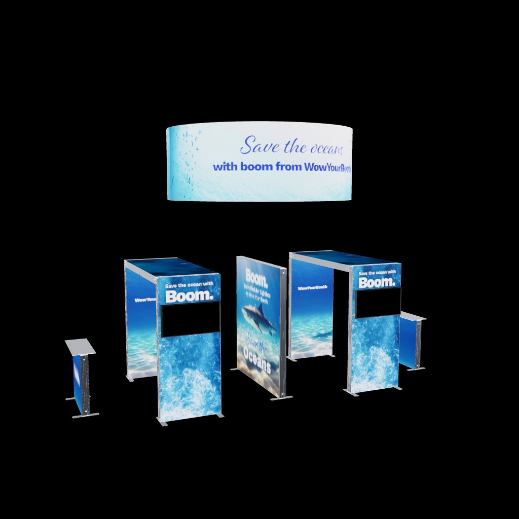 20X20 Boom exhibit with bridges, monitor mounts and circle hanging ban ...
